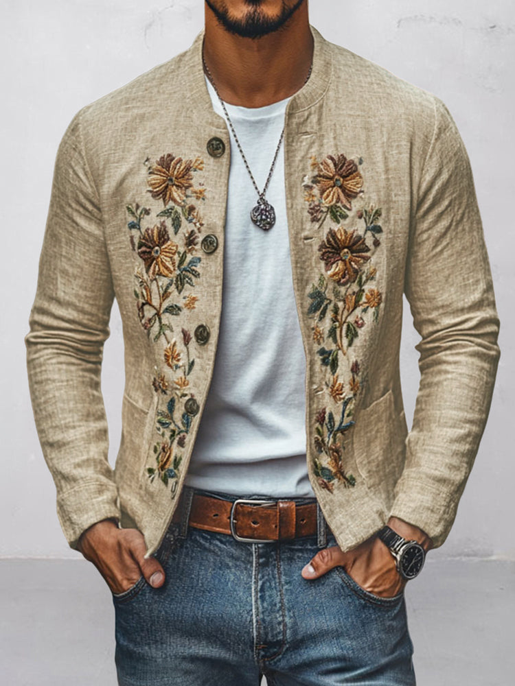 Floral Embroidered Cotton Linen Shirt Jacket – COOFANDY