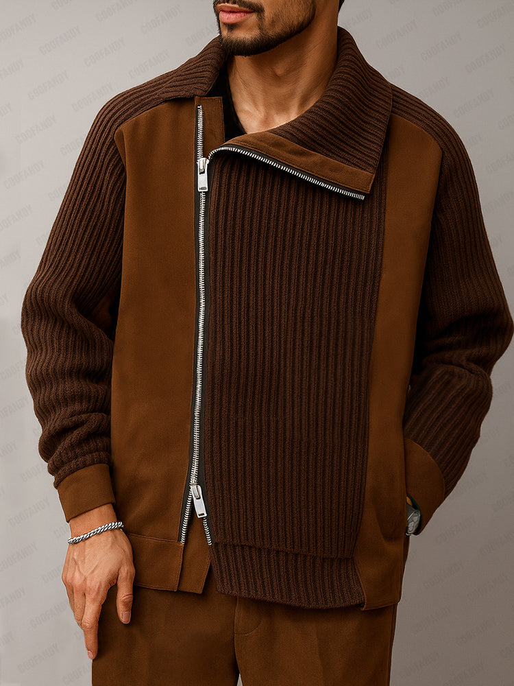 Unique Suede Paneled Zip-Up Knit Jacket – COOFANDY