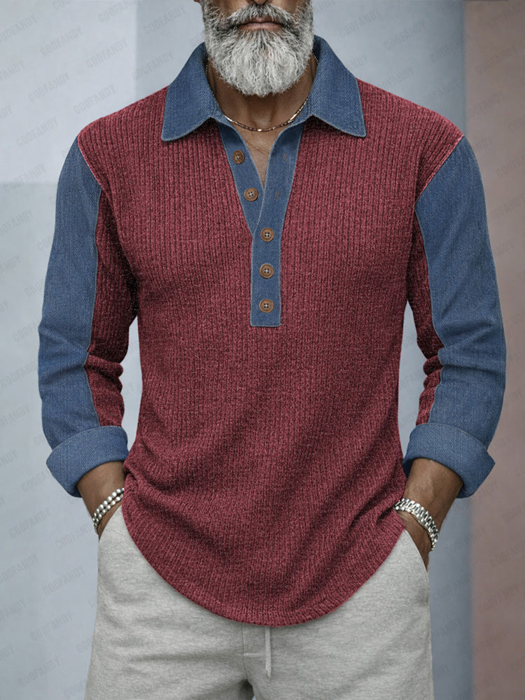 Casual Denim Patchwork Contrast Knit Shirt – COOFANDY